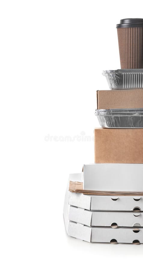 Different Types of Packages on White Background. Food Delivery Service ...