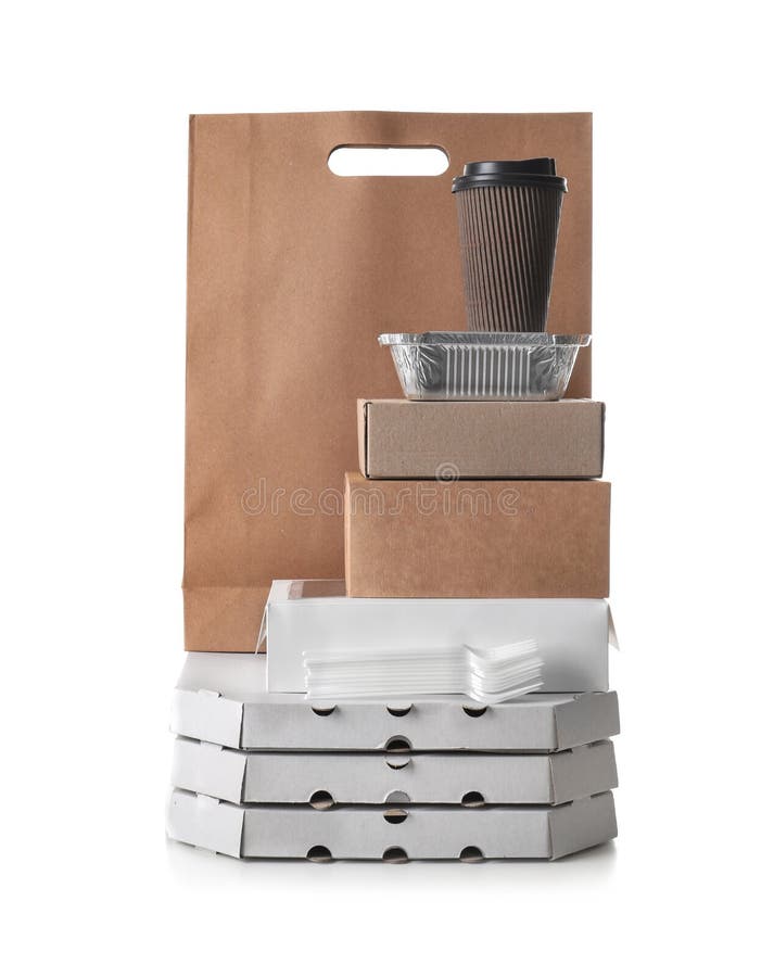 Different Types of Packages on White Background. Food Delivery Service ...
