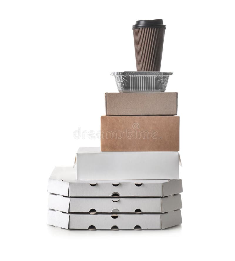 Different Types of Packages on White Background. Food Delivery Service ...