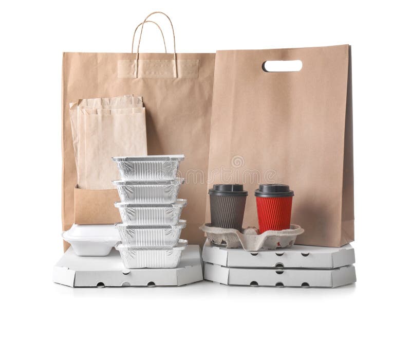 Different Types of Packages on White Background. Food Delivery Service ...
