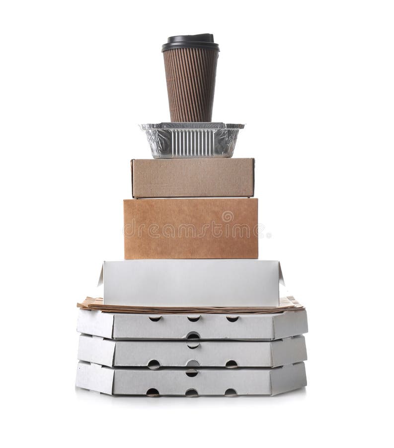 Different Types of Packages on White Background. Food Delivery Service ...