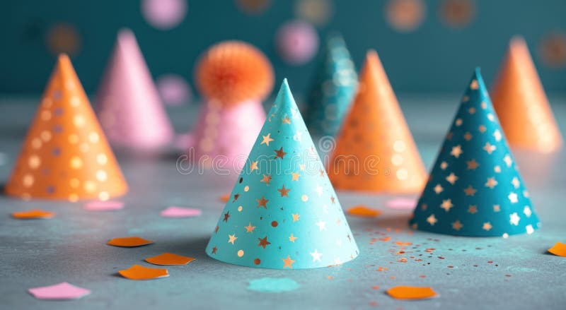 Different Types of Paper Party Hats Lying on Top of Table Stock ...