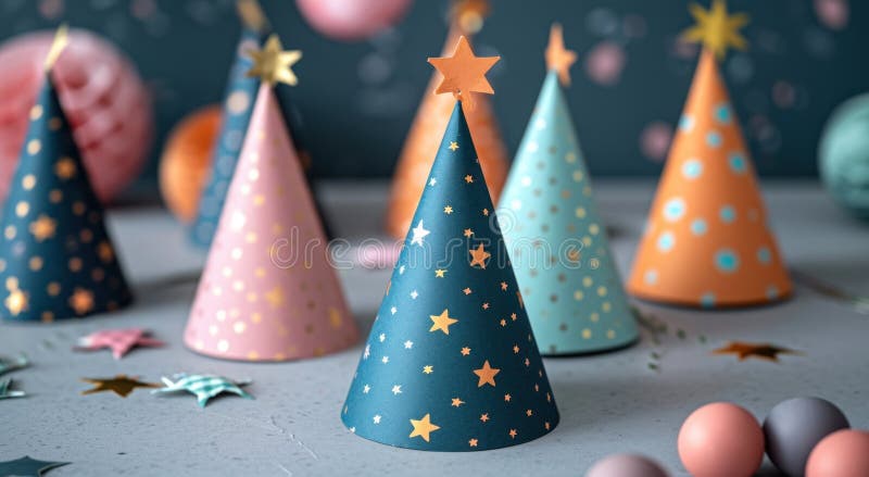 Different Types of Paper Party Hats Lying on Top of Table Stock ...