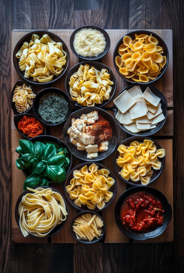 Different Types of Pasta in Bowls on Wooden Table Stock Photo - Image ...