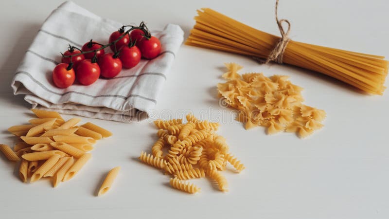 Different Types of Pasta and Cherry Tomatoes on the Kitchen Table Stock ...