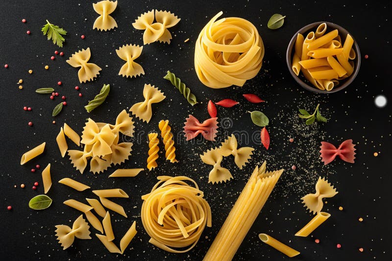 Different Types of Pasta Floating on Black Background, HDR Image ...