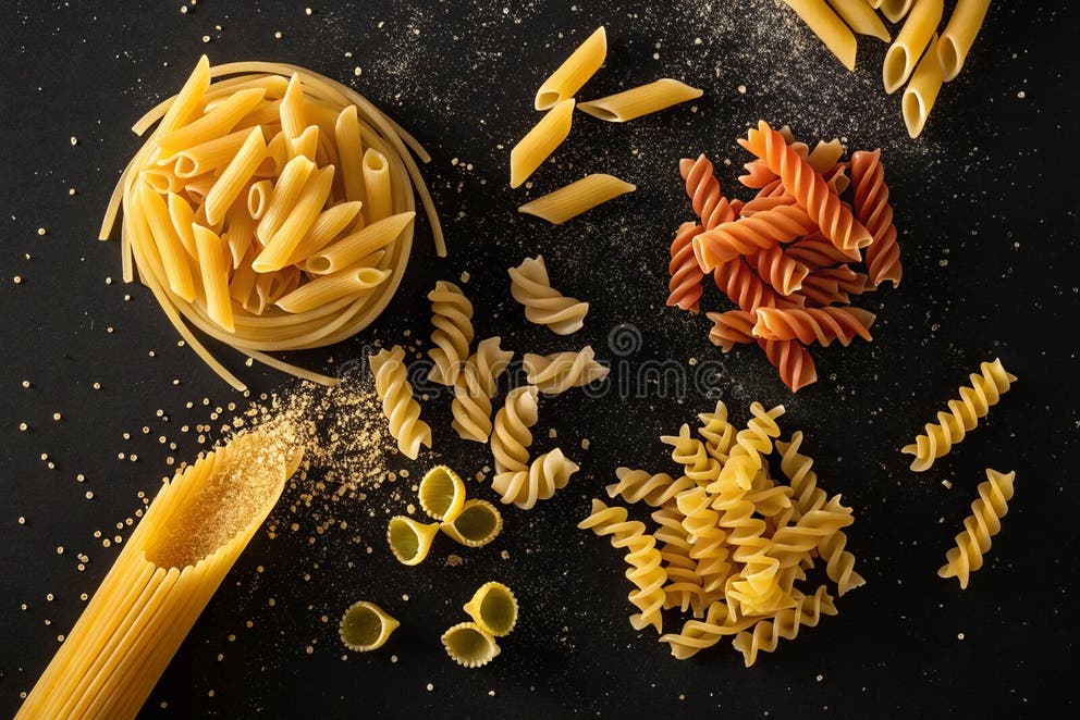 Different Types of Pasta Floating on Black Background, HDR Image ...