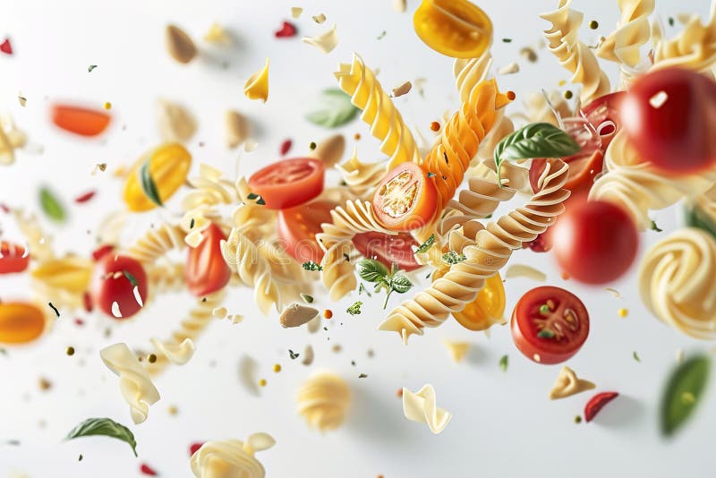 Different Types of Pasta Flying and Floating in the Air Chaotically and ...
