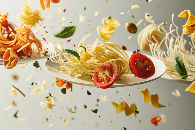 Different Types of Pasta Flying and Floating in the Air Chaotically and ...