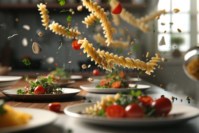 Different Types of Pasta Flying and Floating in the Air Chaotically and ...