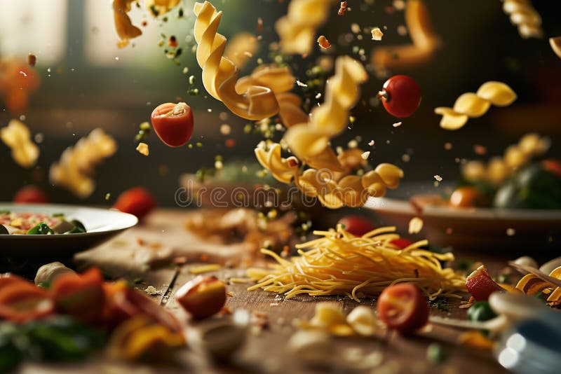 Different Types of Pasta Flying and Floating in the Air Chaotically and ...