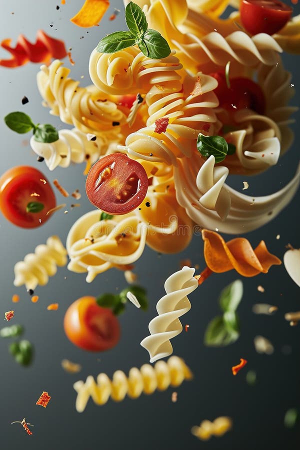 Different Types of Pasta Flying and Floating in the Air Chaotically and ...