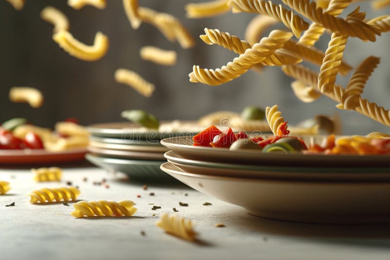 Different Types of Pasta Flying and Floating in the Air Chaotically and ...