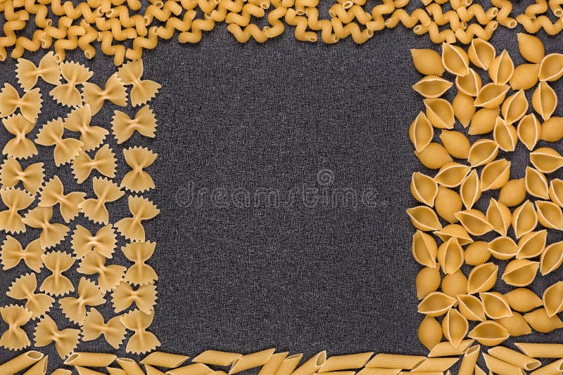 Different Types of Pasta on Grey Background. Frame Out of Macaroni ...