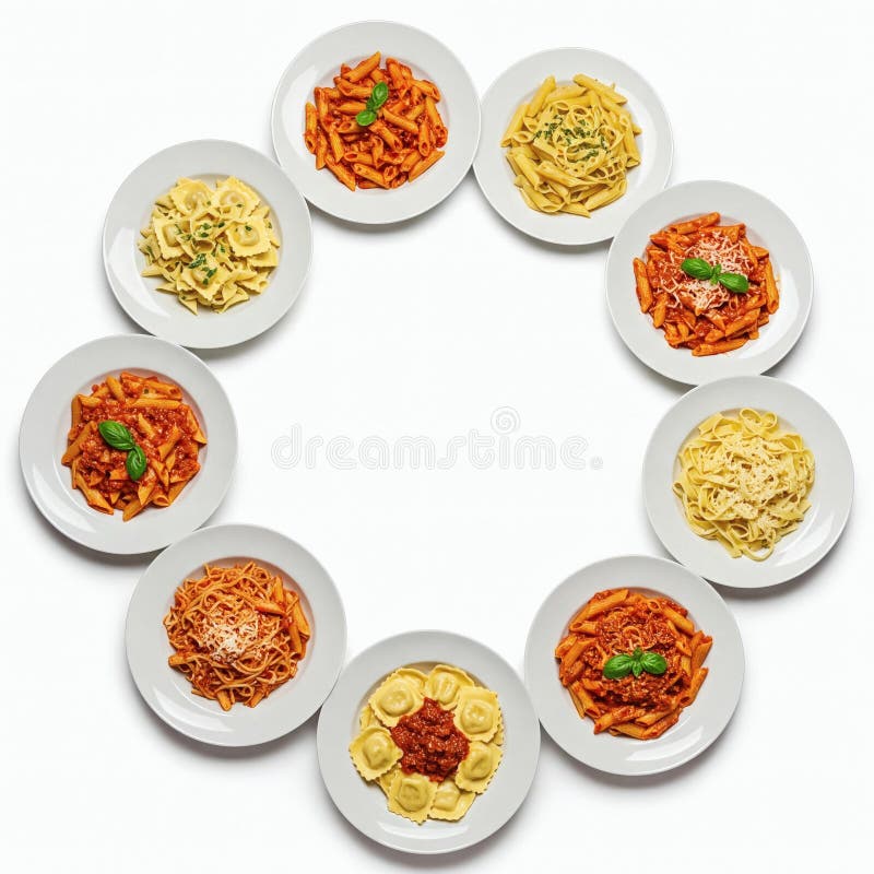 Different Types of Pasta in a Round Plate on a White Background. Stock ...