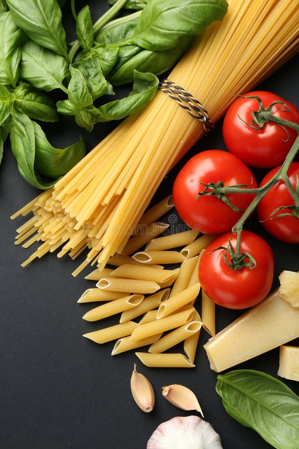 Different Types of Pasta, Spices and Products on Black Background, Flat ...