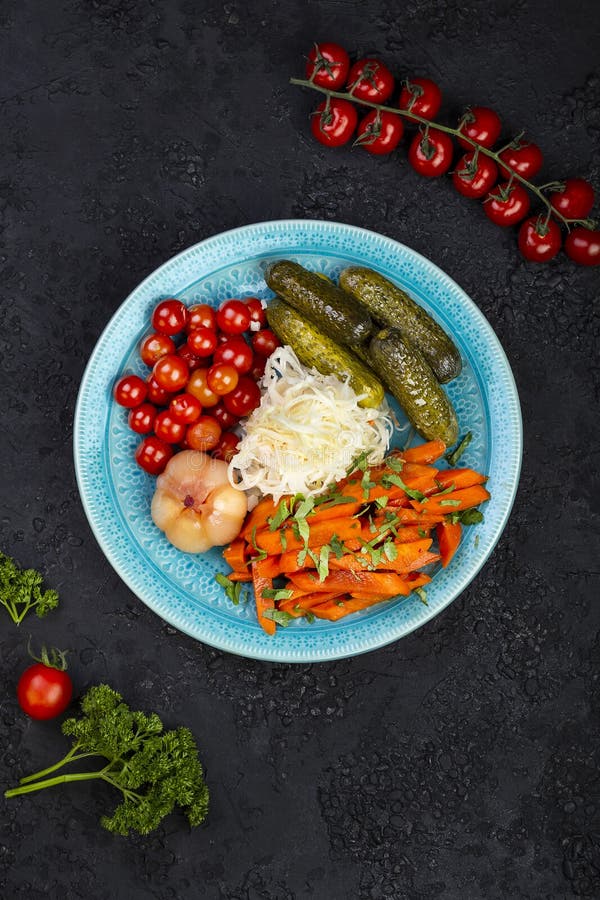 Different Types of Pickled Vegetables on a Dark Background Stock Image ...