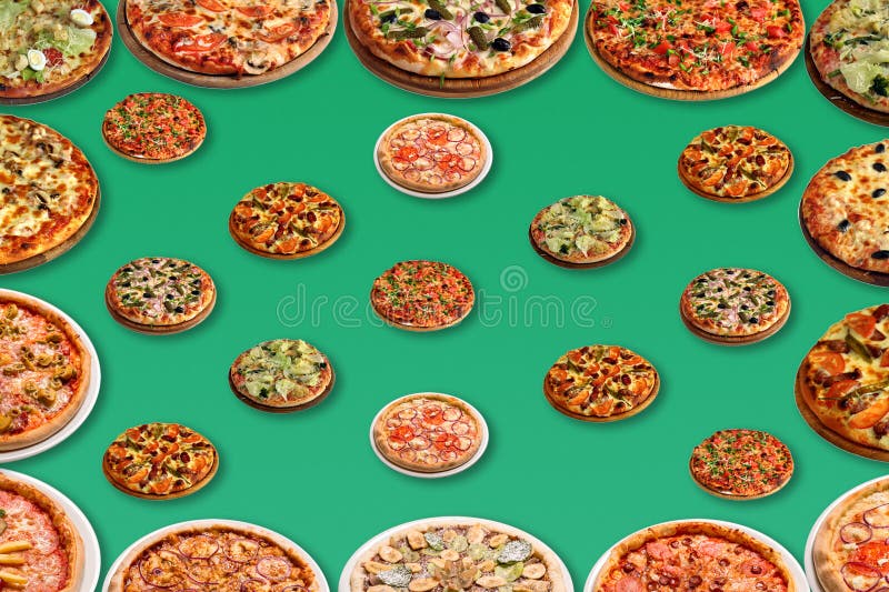 Different Types of Pizza on a Green Background. Pizza Pattern Set Stock ...