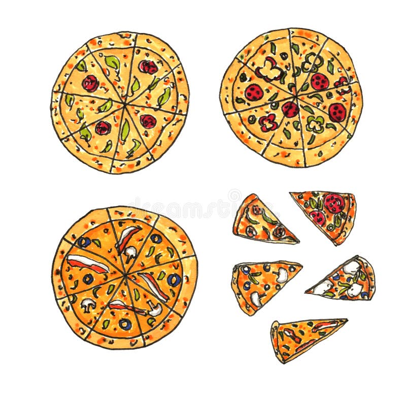 Hand Drawn Doodle Style Pizza Set. Stock Illustration - Illustration of ...
