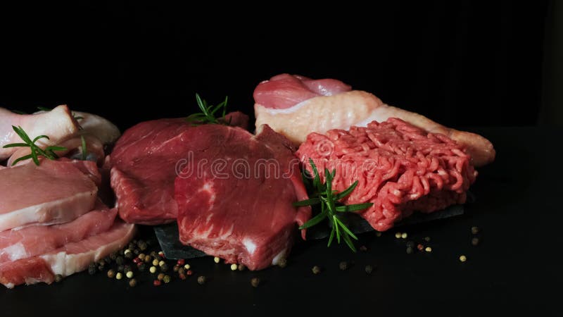 Different Types of Raw Meat - Beef, Pork, Lamb, Chicken on a Wooden ...