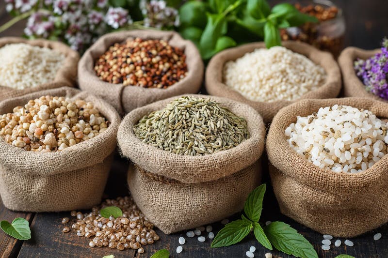 Different Types of Rice and Cereals Overflowing from Burlap Bags Stock ...