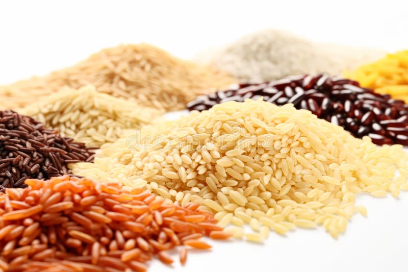 Different Types of Rice and Grains Laid Out on White Surface Stock ...