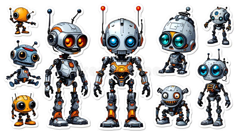 Different Types of Robots with Different Colors Stikers Isolated on ...
