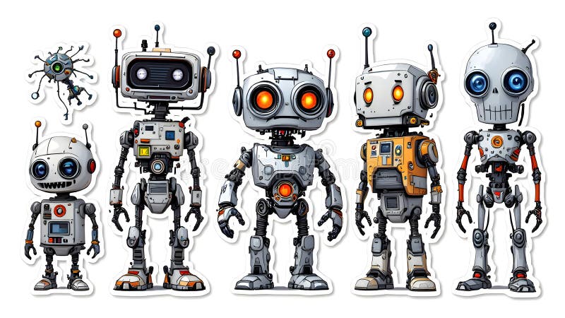 Different Types of Robots with Different Colors Stikers Isolated on ...