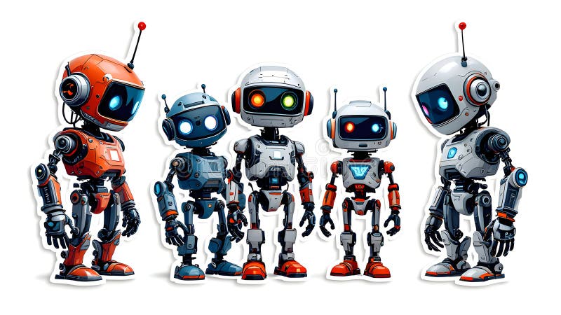 Different Types of Robots with Different Colors Stikers Isolated on ...