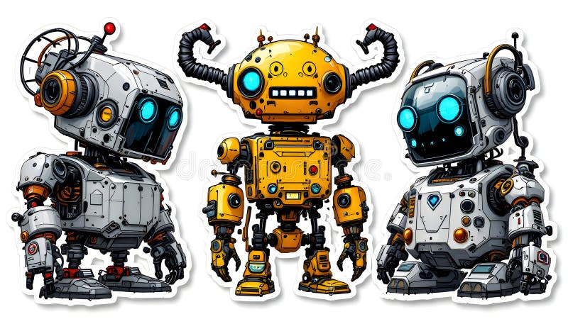 Different Types of Robots with Different Colors Stikers Isolated on ... Different Types of Robots with Different Colors Stikers Isolated on ...