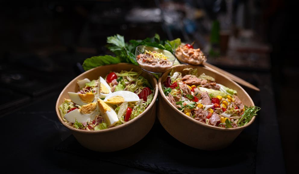Different Types of Salads in a Bowl on Black Background. Stock Image ...