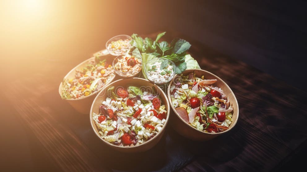 Different Types of Salads in a Bowl on Black Background. Stock Image ...