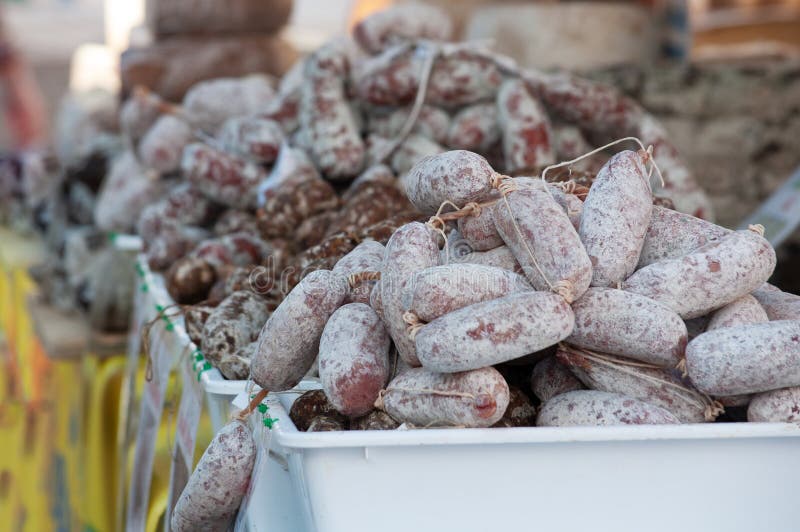 Different Types of Salami on a Market Stock Image - Image of delicious ...