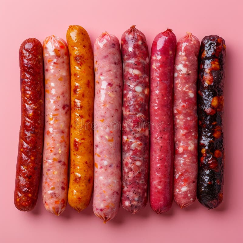 Different Types of Sausages on a Pink Background Stock Photo - Image of ...