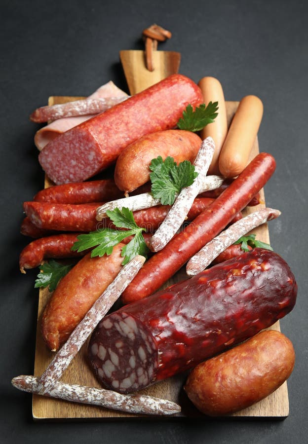 Different Types of Sausages Served on Background, Above View Stock ...