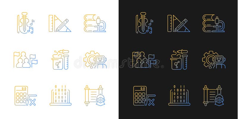 Different Types of School Subjects Gradient Icons Set for Dark and ...