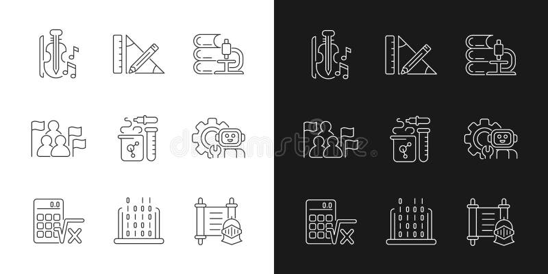 Different Types of School Subjects Linear Icons Set for Dark and Light ...
