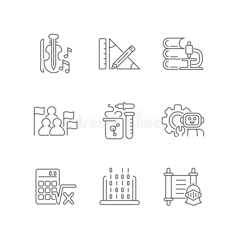 Different Types of School Subjects Linear Icons Set Stock Vector ...