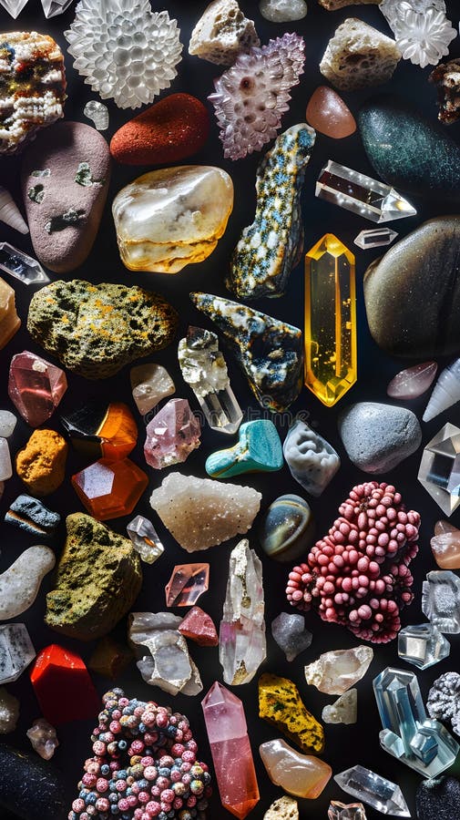 Different Types of Semiprecious Stones on the Black Stone Background ...