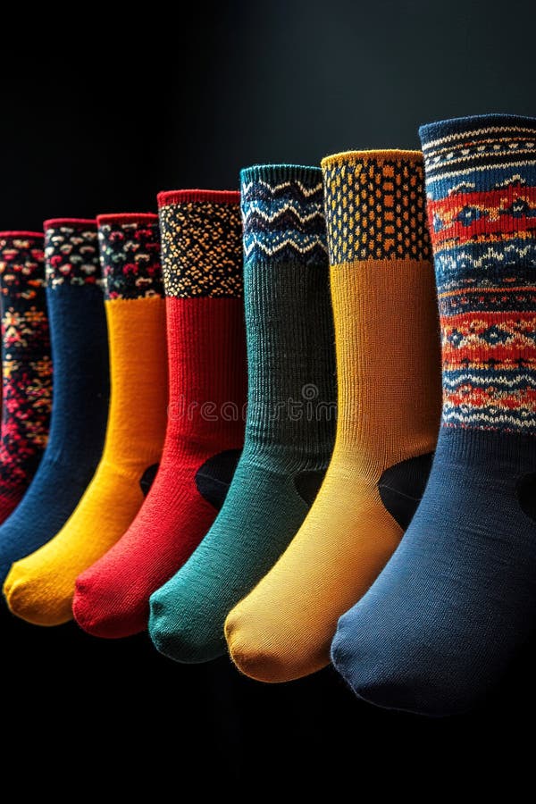 Variety of Colorful Socks Arranged Neatly on a Black Background ...