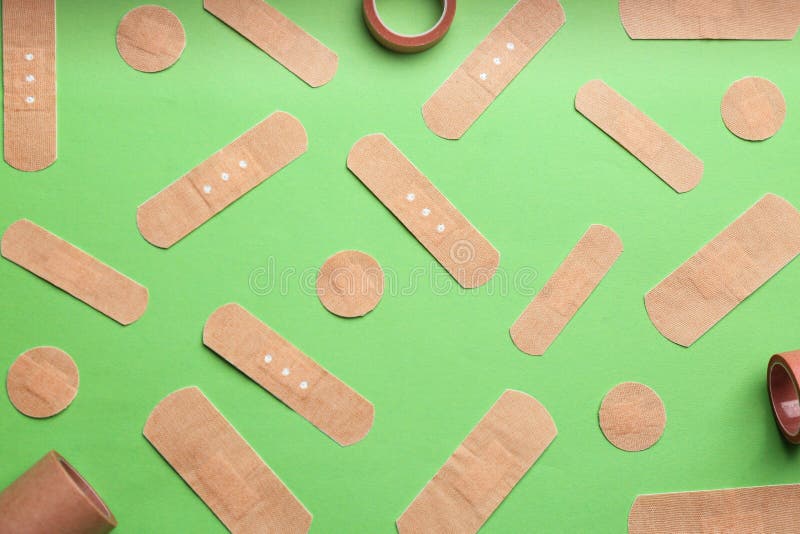 Different Types of Sticking Plasters on Background, Flat Lay Stock ...