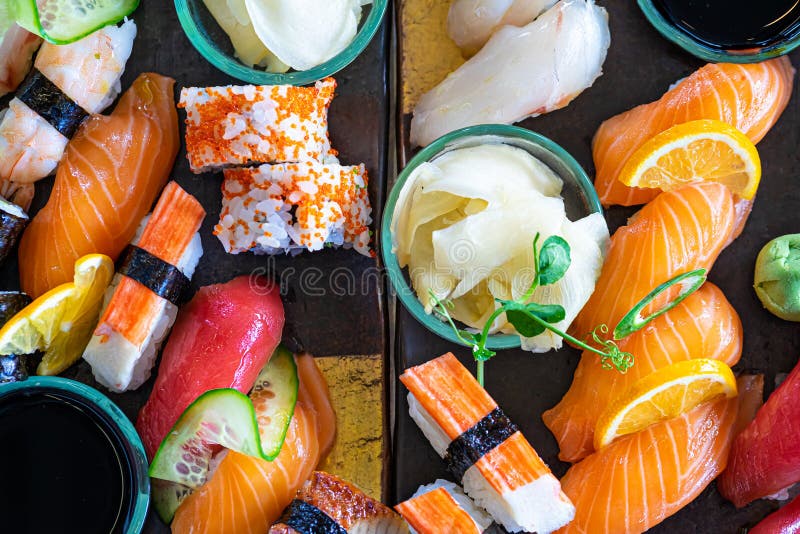 Different Types of Sushi Sashimi Rolls Big Sushi Set Close Up Stock ...