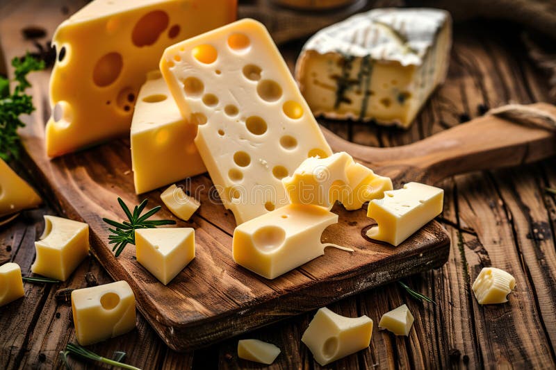 Different Types of Swiss Cheese on a Wooden Background. Assortment of ...