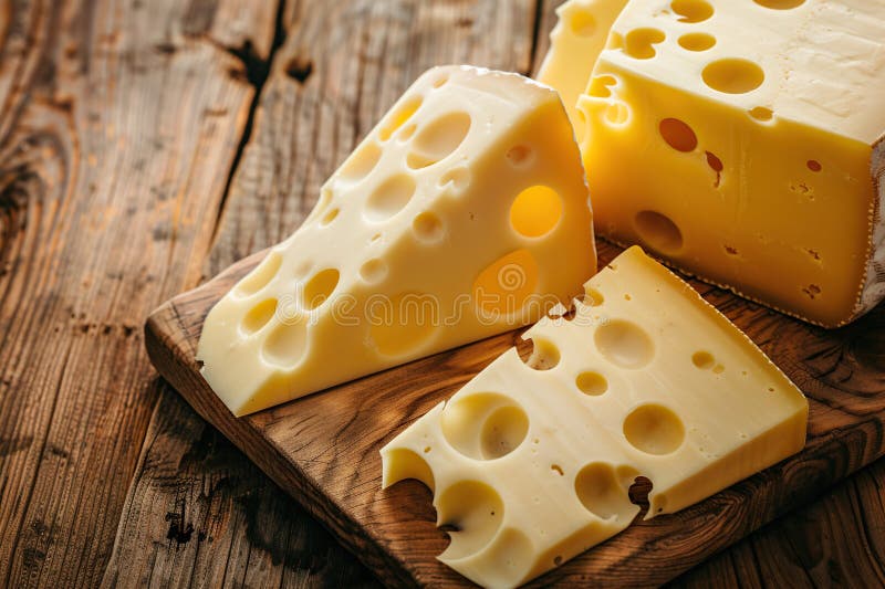 Different Types of Swiss Cheese on a Wooden Background. Assortment of ...