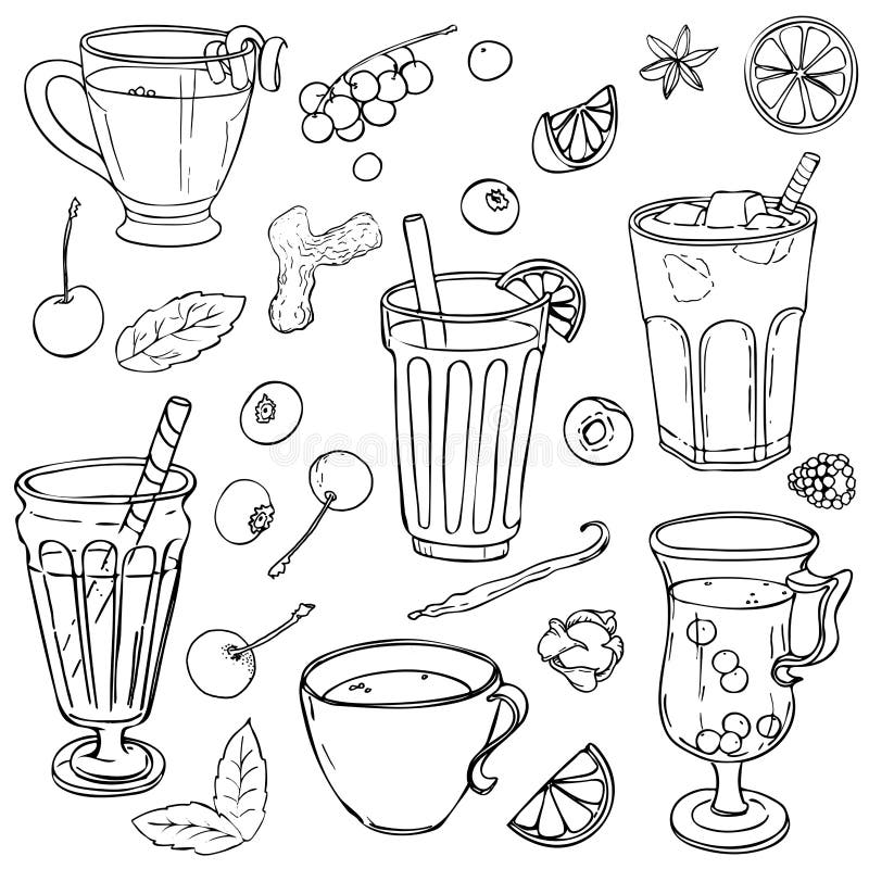 Different Types of Tea with Fruits Stock Vector - Illustration of mint ...