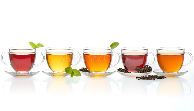 Different Types of Tea in Glass Cups Isolated on White, Set Stock Photo ...