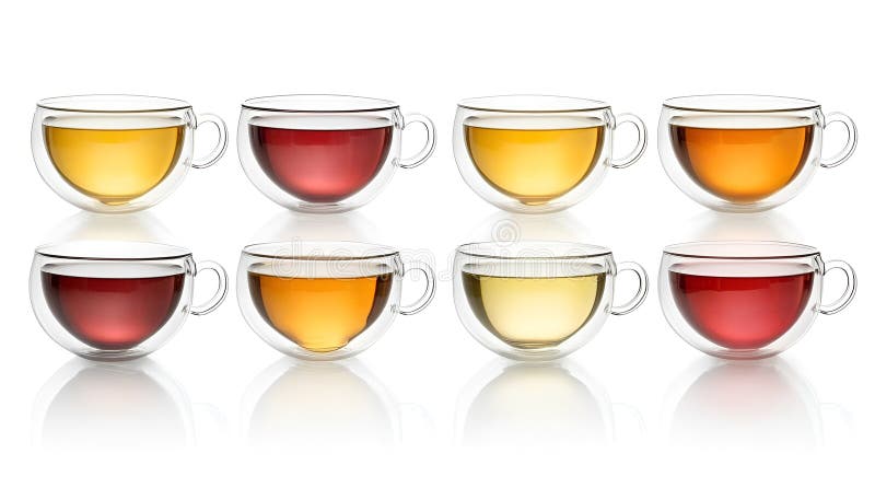 Different Types of Tea in Glass Cups Isolated on White, Set Stock Image ...