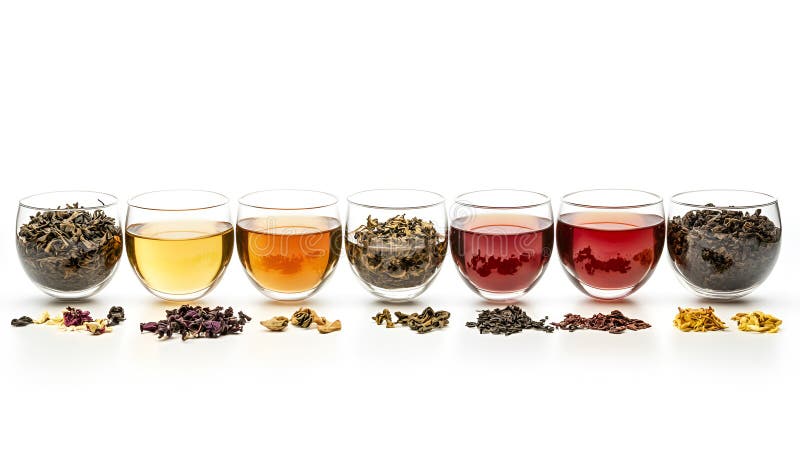Different Types of Tea in Glass Cups Isolated on White, Set Stock Image ...