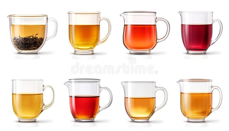 Different Types of Tea in Glass Cups Isolated on White, Set Stock Photo ...
