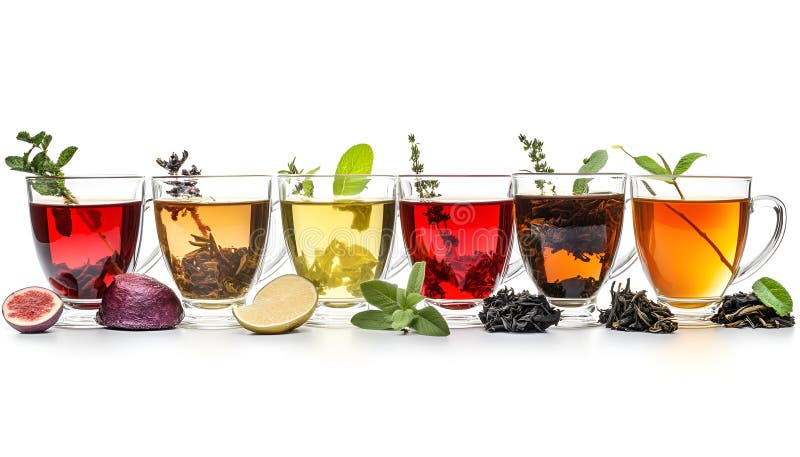 Different Types of Tea in Glass Cups Isolated on White, Set Stock Photo ...